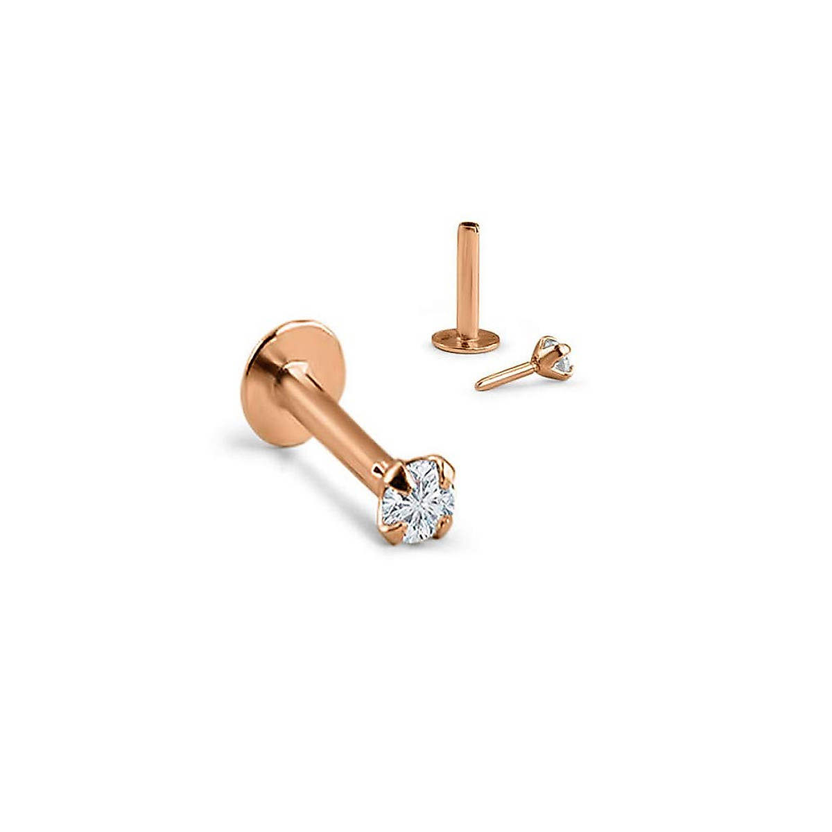 14k Rose Gold Threadless Push Pin Labret Nose Ring Stud 1/4" 6mm Post 2mm Clear CZ 18G