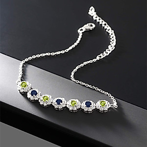 Gem Stone King 925 Sterling Silver Green Peridot Blue Sapphire and White Zirconia Tennis Bracelet For Women (1.58 Cttw, Gemstone August Birthstone, 7 Inch with 2 Inch Extender)