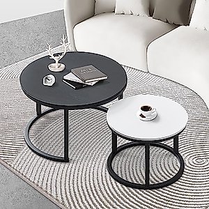 MASAKA B&W 27.5 Inch Round Wood Tables 2 Pack, Coffee Tables for Living Room Set of 2, Small Coffee Tables for Small Spaces, Center Table Modern Black with White