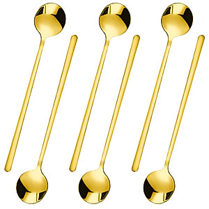 6 Pcs Coffee Spoons Tea Spoons Stainless Steel Long Handle Gold Spoons Teaspoon Round Dessert Spoons Gold Spoons for Stirring Drink Hot Chocolate Ice Tea Latte