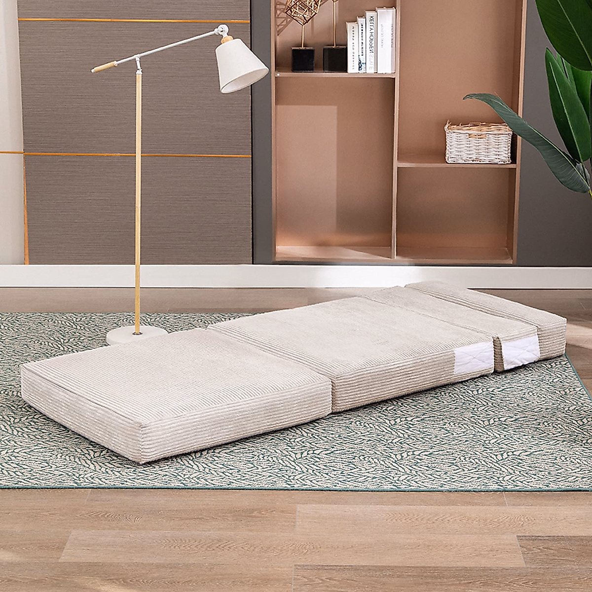 Mixoy Folding Sofa Mattress, Tri Fold Sofa Chair Bed 6.3”,Upholstered Guest Chaise,Floor Couch Sleeper,Folding Futon Sofa Bed Lounge Chaise for Guests,Living Room and Bedroom(Twin Size,Beige) 1