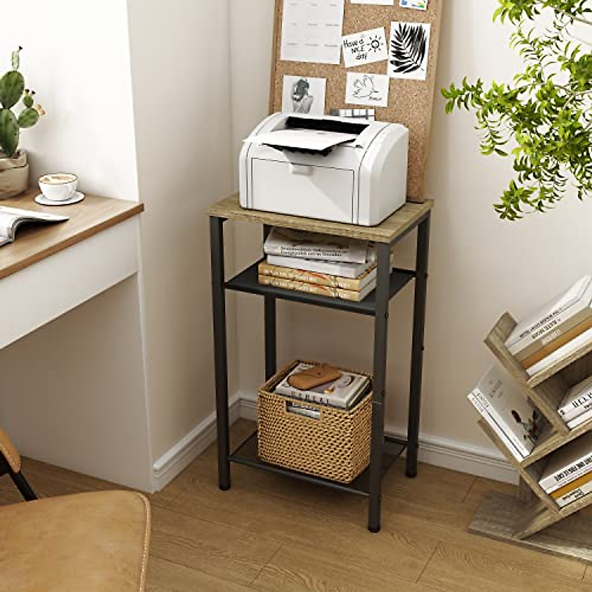 Hoctieon 3 Tier End Table, Telephone Table, Tall Side Table with Storage, Small Nightstand for Small Spaces, Metal Frame, For Living Room, Bedroom, Sofa Couch, Hall, Easy Assembly, Greige