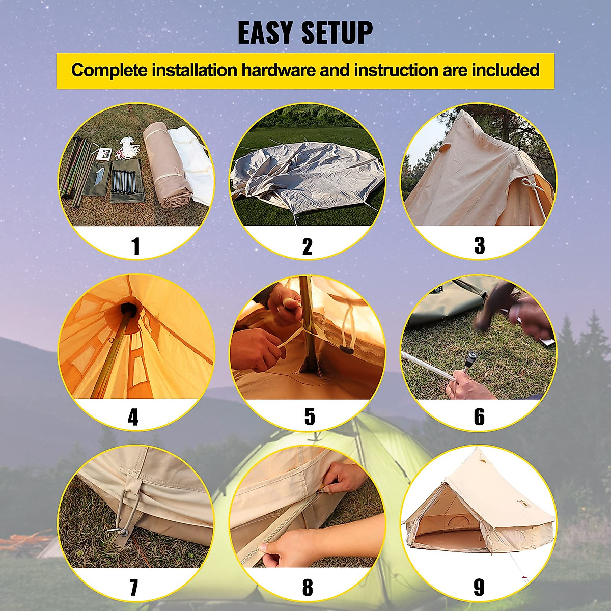 Happybuy Canvas Bell Tent, Waterproof & Breathable 100% Cotton Retro and Luxury Yurt with Stove Jack, 16.4ft / 5m Diameter, Large Canopy Used in 4 Seasons, for Family Camping, Outdoor Glamping, Party