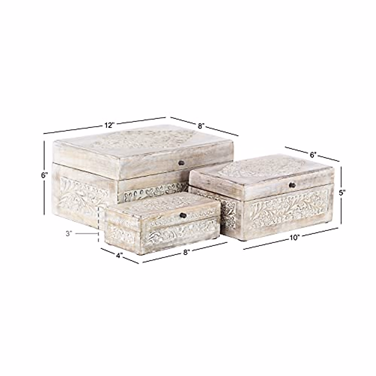 Deco 79 Mango Wood Floral Box with Hinged Lid, Set of 3 8", 10", 12"W, Brown