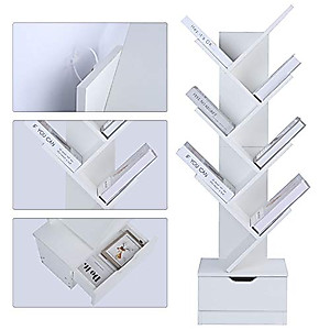TINSAWOOD 7-Shelf Rack Bookcase, Wooden Tree Bookshelf, Free Standing Book Storage Organizer, for Books/CDs/Albums/Files Holder in Living Room Home Office, White