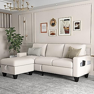 ZeeFu Convertible Sectional Sofa Couch,Beige Linen Fabric Modern 3-Seat L-Shaped Upholstered Sofa Couch Furniture with Storage Reversible Ottoman and Pockets for Living Room Small Space Apartment