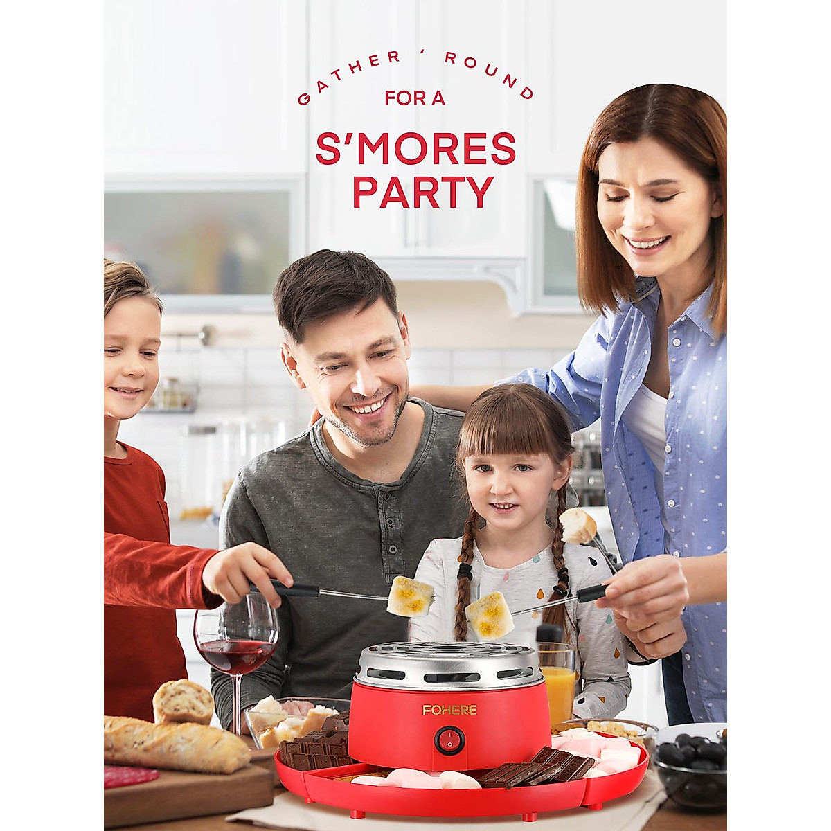 FOHERE Smores Maker Tabletop Indoor, Flameless Electric Marshmallow Roaster with 4 Detachable Trays & 4 Roasting Forks, Movie Night Supplies & Housewarming Gift, Red