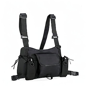 Chest Rig Bag Utility Vest Multi-Pocket Chest Bag for Men Hands Free Radio Front Pack Pouch Hip Hop Chest Pack Functional Tactical Harness for Women Running Exercise Hiking Camping (Black, Size L)