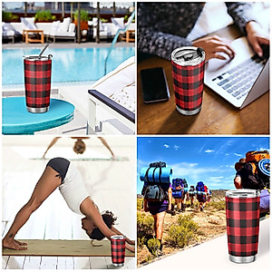 Yasala Tumbler Tartan Checker Plaid Red Black Insulated Office Coffee Cup Back to School Beverage Container Travel Mug with Straw and Lid Double Wall Stainless Steel 20oz