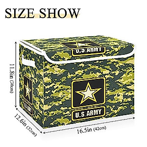 Ollabaky Dark Green Army Camo Larger Collapsible Storage Bin Fabric Decorative Storage Box Cube Organizer Container Baskets with Lid Handles for Closet Organization, Shelves