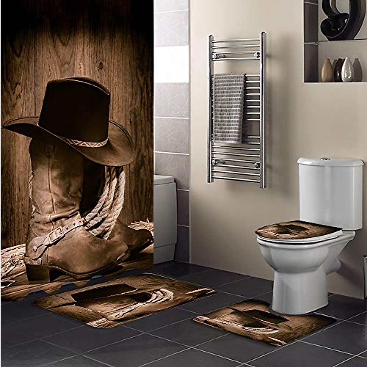 Bathroom Accessory Sets Toilet Lid Cover Sets with Non-Slip Bath Mat Cowboy Hat and Old Ranching Rope On Wooden Display Rodeo Cowboy Style 4pcs Waterproof Shower Curtain 66x72in for Bathroom Toilet