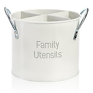 Pumtus 4 Compartment Kitchen Utensil Holder, 5.7 Inch Large Metal Utensil Caddy for Countertop, Utensil Crock Organizer with Removable Divider, Silverware Holder for Spoons, Knives, Forks, White