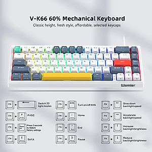 V-K66 60% Percent Keyboard, Mechanical Gaming Keyboard Gasket Mounted, Hot-swappable Keyboard Wired LED Backlit Creamy Keyboard with Arrow Keys - White and Grey