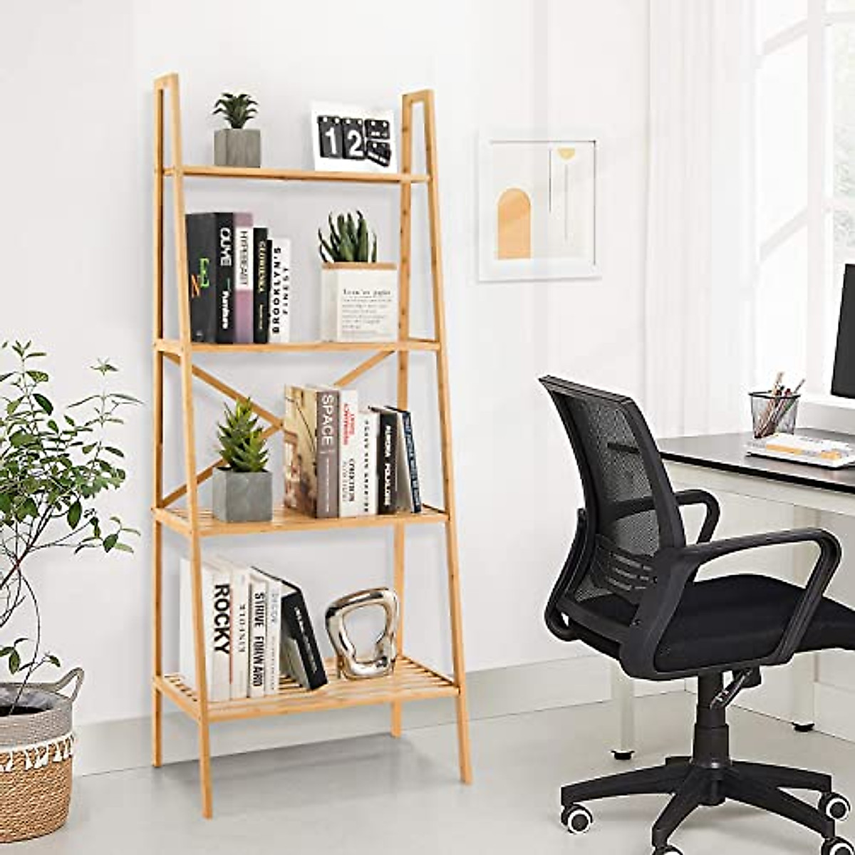 Giantex 4-Tier Bamboo Bookshelf, Multifunctional Storage Display Rack Shelves with Anti-Tipping Device, Natural Wood Ladder Shelf for Home Office Kitchen Bathroom