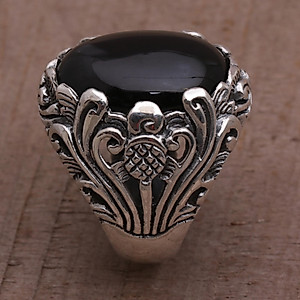 NOVICA Artisan Handmade Onyx Cocktail Ring Crafted Floral Sterling Silver Black Red Indonesia Birthstone [crownbezel 0.9 in H x 0.9 in W x 0.3 in D Band Width 5 mm W] ' Night Bloom'