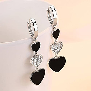 Heart Shape Earrings, Black Rhinestone Earrings White Gold Plated Dangle Length 52MM Jewelry Womens Gift