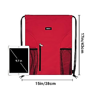 WANDF Drawstring Backpack Sports Gym Sackpack with Mesh Pockets Water Resistant String Bag for Women Men (Red)
