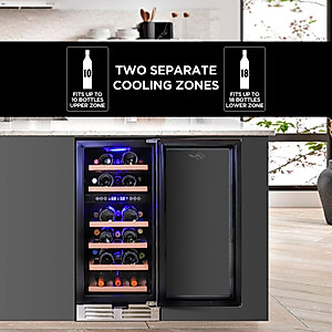 Koolatron 28 Bottle Dual Zone Wine Cooler Refrigerator 15Inch Under Counter or Wine Chiller with Lock UV Protective Glass Beechwood Racks Wine Cellar Wine Fridge