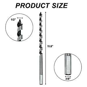 Coufce 1/2" Diameter Auger Drill Bit 12" Ship Auger Long Drill Bit 3/8" Hex Shank Long Drill Bits for Wood Hole Cutter in Hardwood, Softwood, and Composite Materials