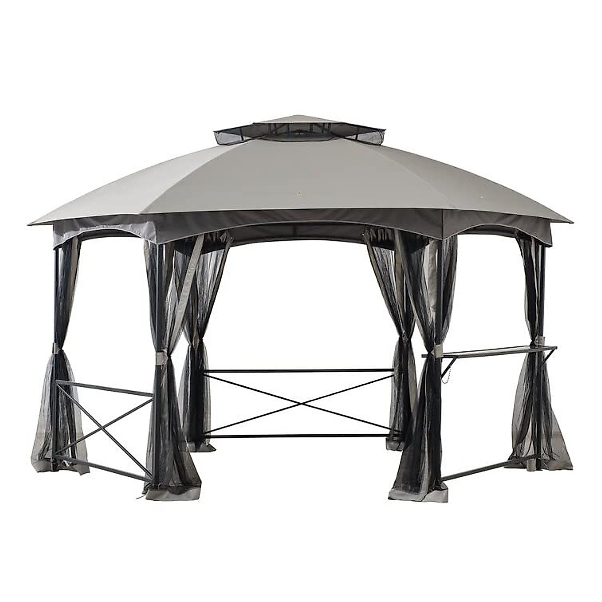 ZZBJ Outdoor Patio Hexagon Gazebo 13' W X 11' D Dome Top Powder-Coated Steel Frame Gazebo with Net Gray