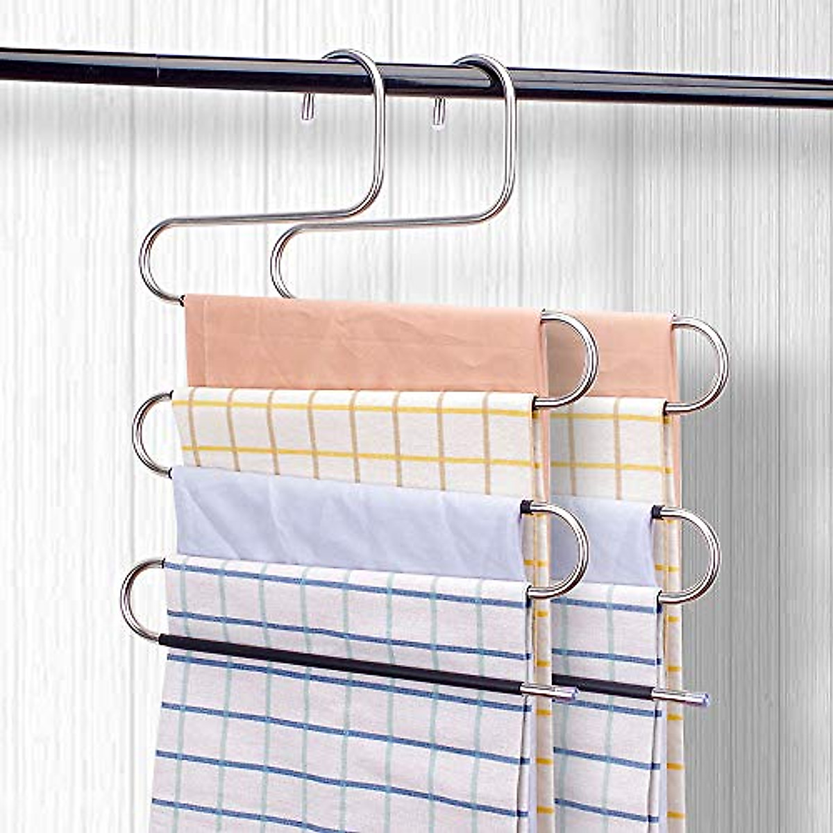 8pcs Pants Hangers S-Type Jeans Trousers Hangers Stainless Steel Clothes Hangers Closet Space Saving for Pants Jeans Scarf Organizer (Black with 10 Clips)