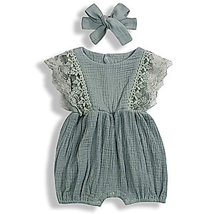 KCSLLCA Baby Girls Lace Romper Set Ruffle Sleeve Solid Color Onesie with Headband (Pea Green, 6-9 Months)