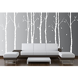 Birch Tree Wall Decal Nursery Forest Vinyl Sticker Removable Animals Branches Art Stencil Leaves (9 Trees) #1263 (Matte White, 96" (8ft) Tall)