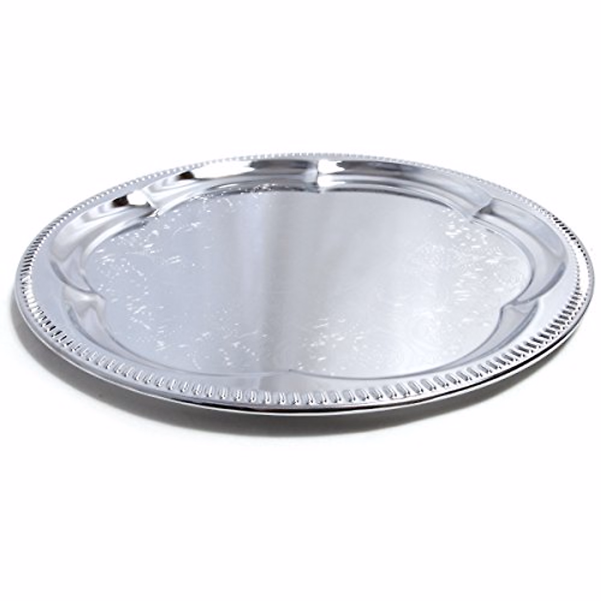 Maro Megastore (Pack of 4) 13.8-Inch Elegant Round Floral Pattern Engraved Catering Chrome Plated Serving Plate Mirror Tray Platter Tableware Holiday Wedding Birthday Party Deco Art (Medium) T226-4pk