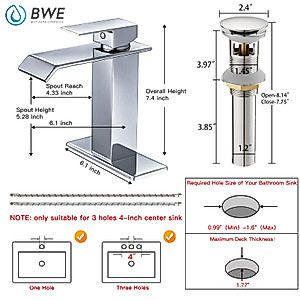 BWE Bathroom Faucet Chrome Modern Waterfall with Pop Up Drain for Sink 1 Single Hole Bathroom Sink Faucet Parts Spout Bath Lavatory Vanity Stopper Overflow and Supply Hose Single Handle Square