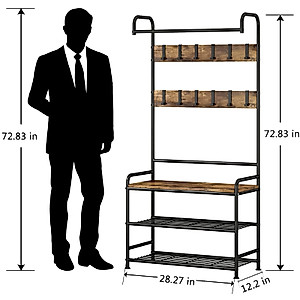 LINZINAR Coat Rack Shoe Bench 3-in-1 Hall Tree with Bench and Shoe Storage for Entryway Heavy Duty MDF Stand Coat Rack Industrial Accent Furniture with Metal Frame, Black (Rustic Black)