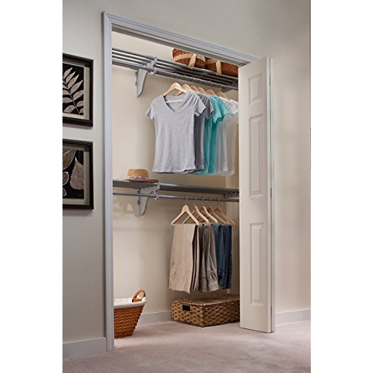 EZ Shelf -2 Pack- Expandable Closet Shelf with Hanging Rod -(Each 40.5” to 73”) with 1 End Bracket- Silver-Strong-Easy to Install-Wire Closet Shelving Alternative