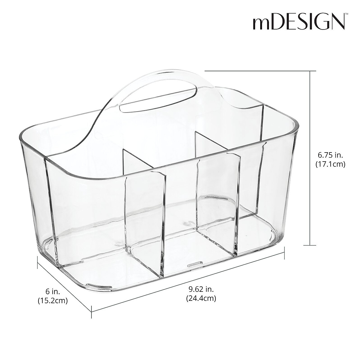 mDesign Plastic Makeup Storage Organizer Caddy Tote, Divided Basket Bin, Handle for Bathroom, Hold Eyeshadow Palettes, Nail Polish, Brushes, Shower Essentials, Small, Lumiere Collection, 2 Pack, Clear