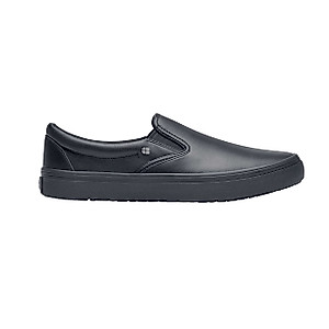 Shoes for Crews Merlin, Slip-On, Men's, Women's, Unisex, Slip Resistant Work Shoes, Black Leather, Men's Size 6.5 Wide, Women's Size 8 Wide