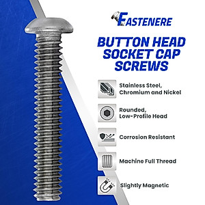Fastenere Button Head Socket Cap Screws - 1/4-28 x 1" (25 Pack) Stainless Steel 18-8, Full Thread, Bright Plain Finish, Corrosion-Resistant, Machine Thread, Easy to Install w/Allen Socket Drive