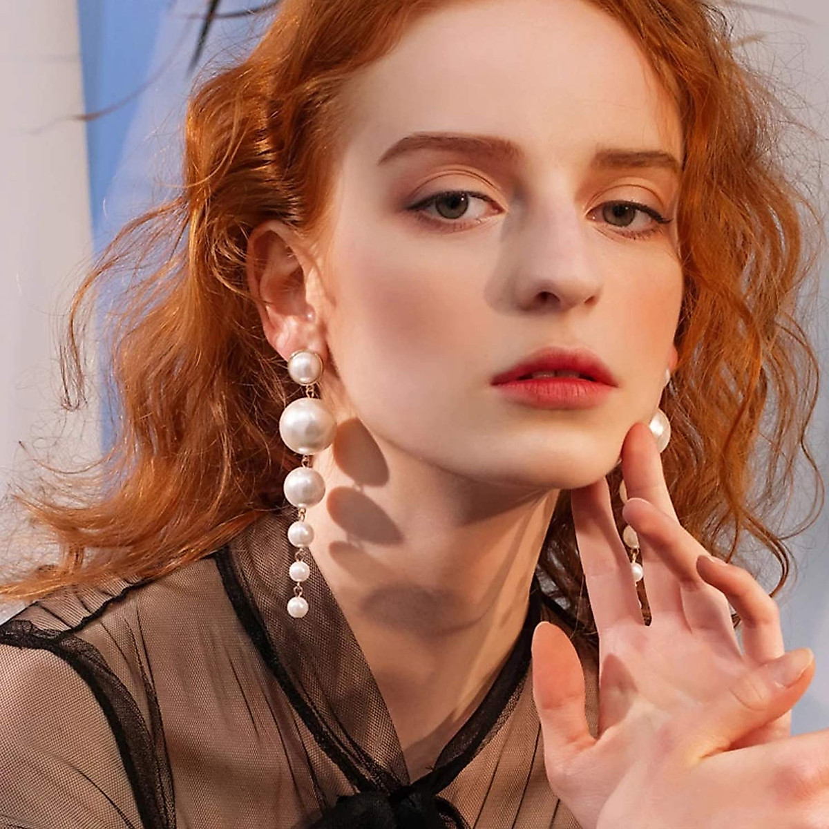 Big Simulated Pearl Long Tassel Drop Earrings for Women Double Sided Front Back Cross Imitation Pearl Dangle Earrings