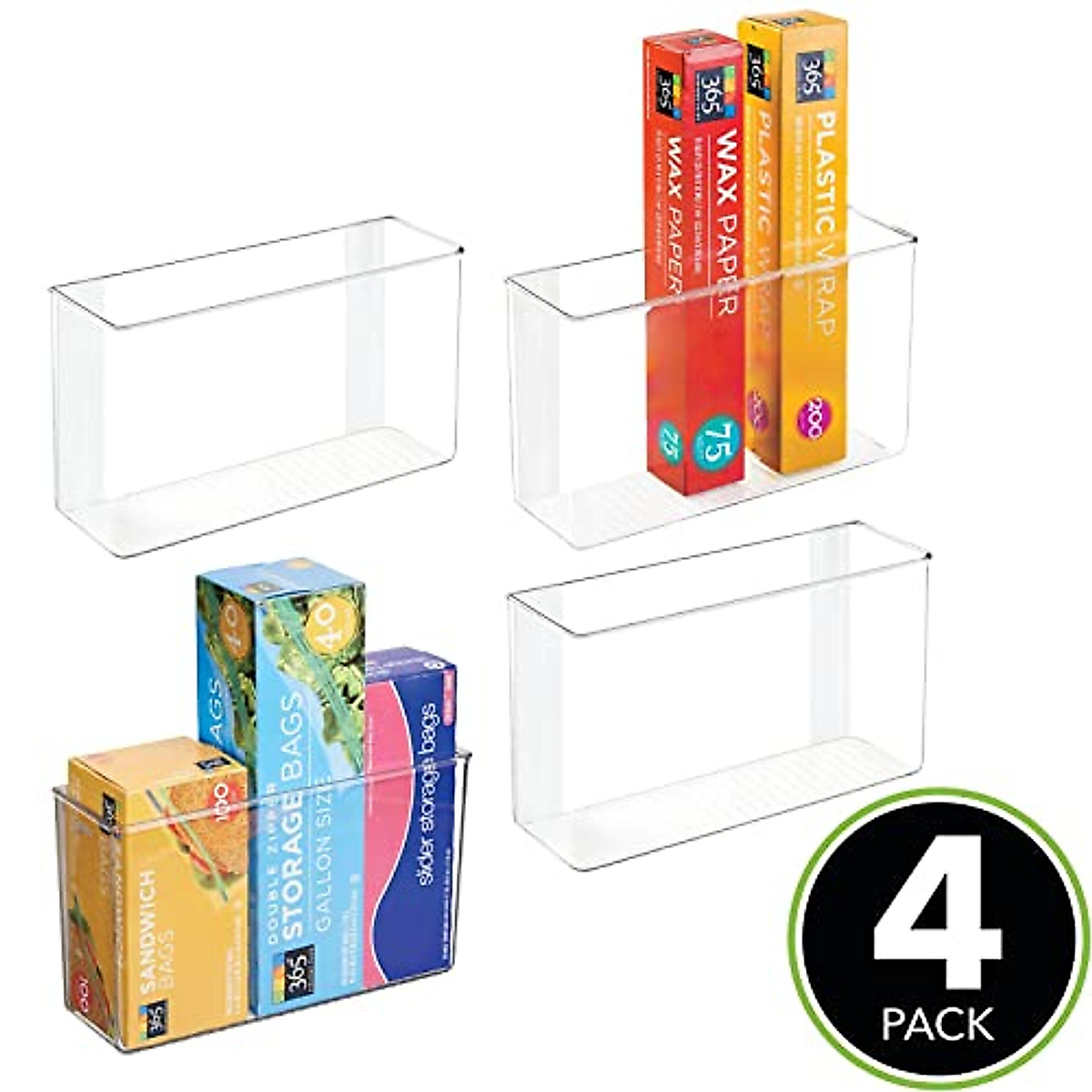 mDesign Plastic Adhesive Storage Organizer Container Bin for Kitchen Shelf, Countertop, Cabinet, or Pantry Organization - Space Saving for Sandwich Bag, Plastic Wrap, Linge Collection - 4 Pack - Clear