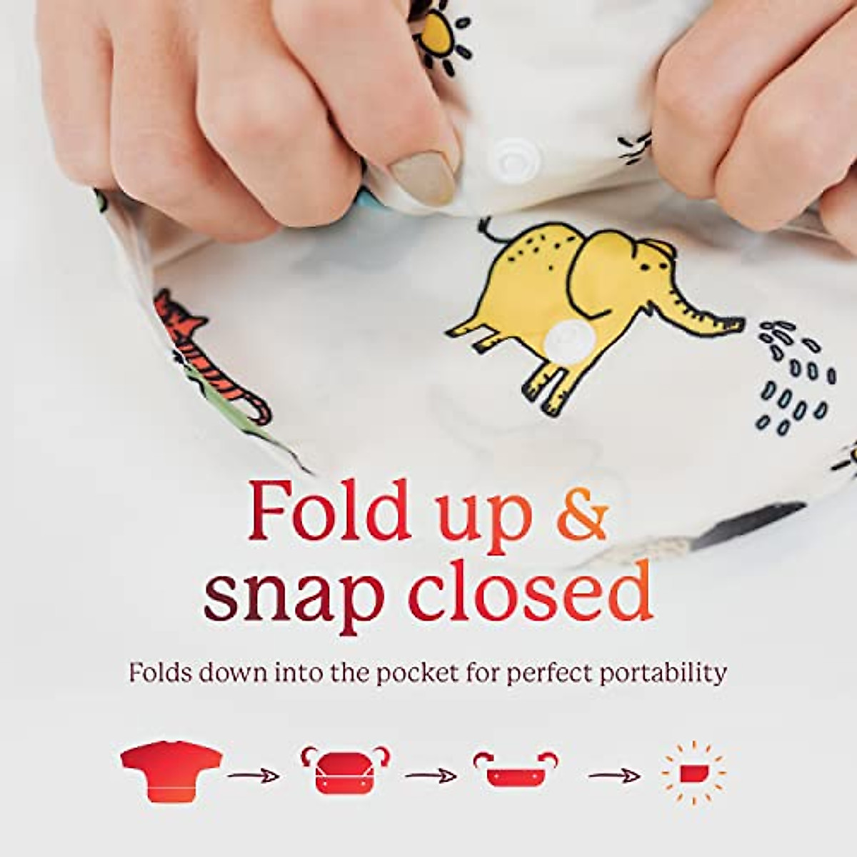 Long Sleeve Baby Bib for Boys and Girls w/Food Catcher Pocket - Waterproof, Wipe Clean, Machine Wash, Fast Drying Feeding Smock - Recycled Polyester - Animal Print Suitable for Babies to Toddlers