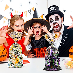 150 Pcs Halloween Cellophane Treat Bags for Kids with Twist Ties, 6 Styles Clear Candy Cookie Bags for Trick or Treat, Goodie bags for Halloween Party Favors Supplies