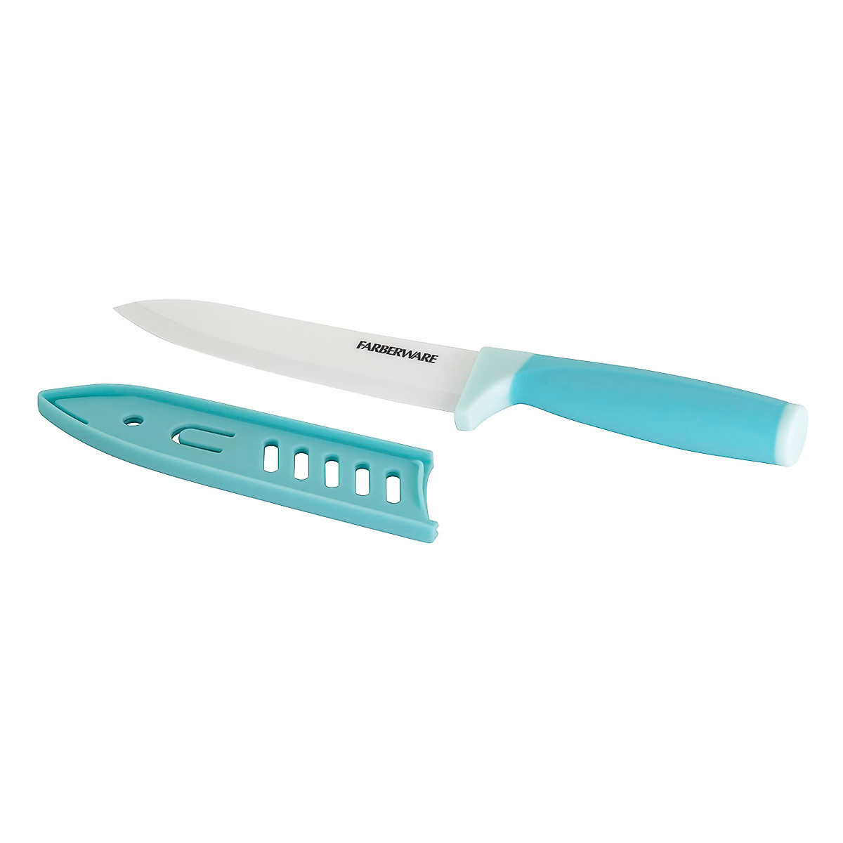 Farberware Ceramic Chef Knife with Custom-Fit Blade Cover, Razor-Sharp Kitchen Knife with Ergonomic, Soft-Grip Handle, Dishwasher-Safe, 6-inch, Aqua