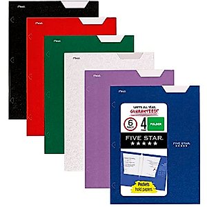 Five Star 4-Pocket Folders, 6 Count (Pack of 1), Fits 3-Ring Binders, Holds 11" x 8-1/2", Assorted Trend Colors (38056)