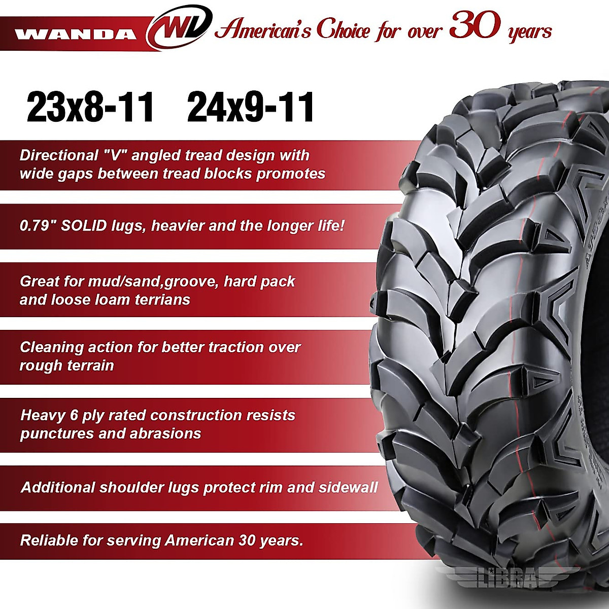 WANDA Set of 4 AT MASTER ATV/UTV Tires 23x8-11 Front & 24x9-11 Rear /6PR P341-10147/10153