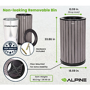 Alpine 32 Gallon Commercial Outdoor Trash Can - Heavy Duty Garbage Can Outdoor, Industrial Open Top Trash Can with Plastic Panels for Patio, Parks, Trails, Resorts (Flat Lid - Grey)