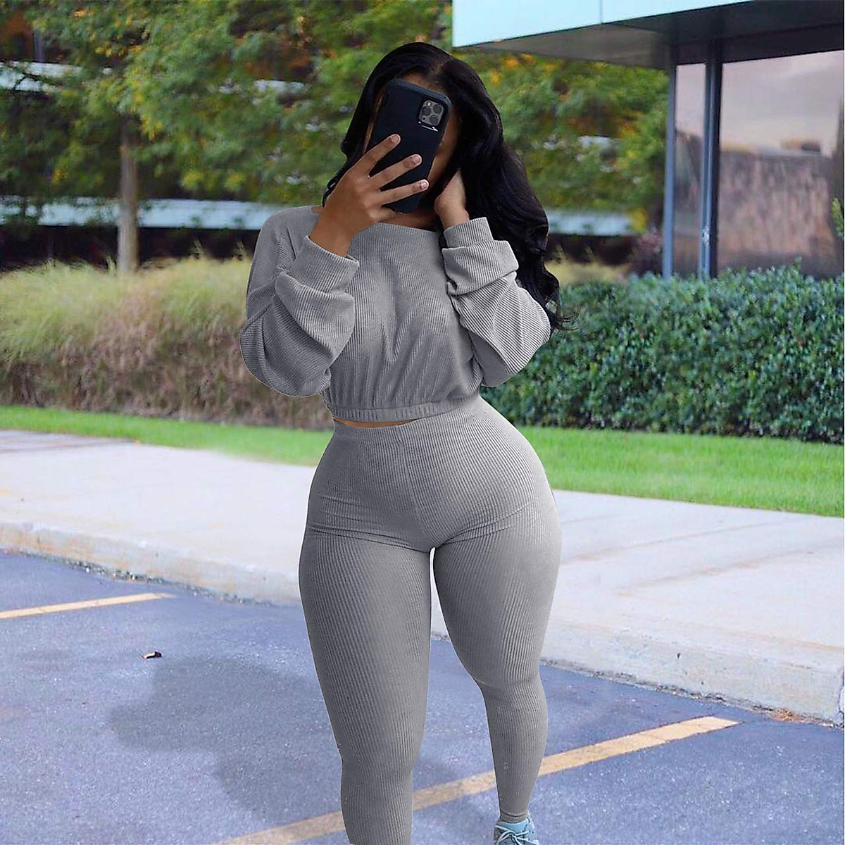 Annystore Women Casual 2 Piece Tracksuit Outfit Ribbed Pullover Crop Tops High Waisted Long Pants Jogger Sets Sweatsuit Grey M
