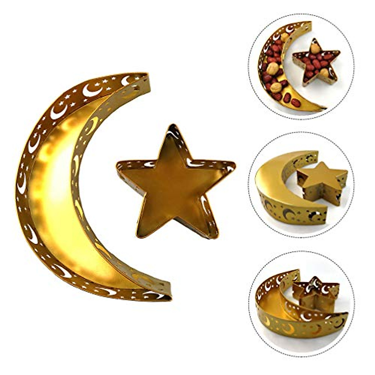 PRETYZOOM 2pcs Crescent Moon Star Tray Ramadan Eid Mubarak Trays Platters Moon Star Dinner Plate Tableware Dessert Food Serving Tray Ramadan Muslim Islamic Party Supply Golden