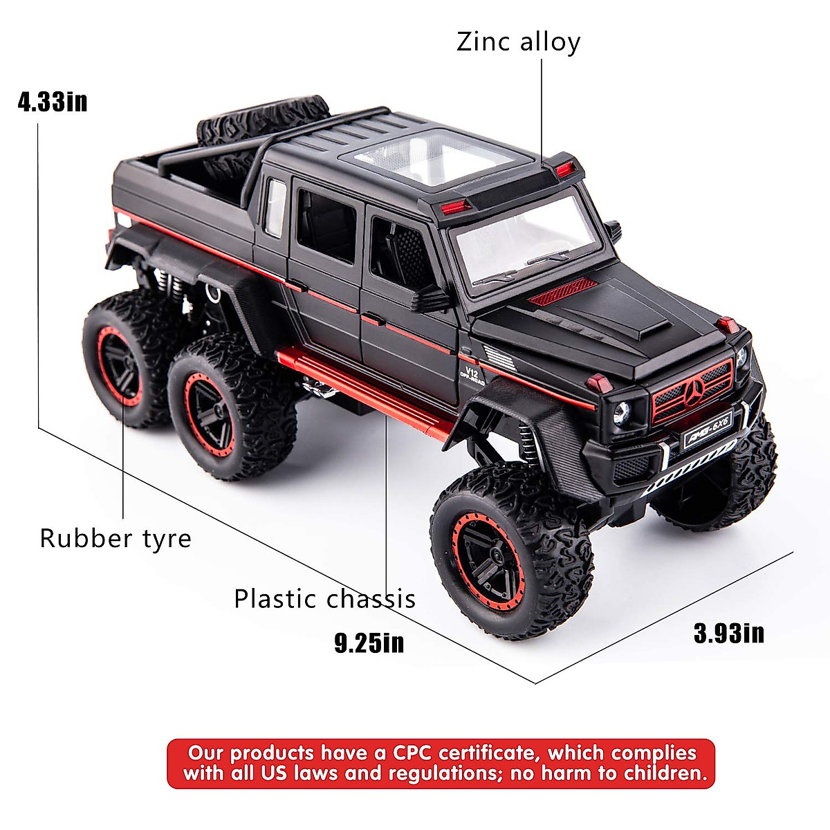 BDTCTK 1/22 Benz G63 AMG 6x6 V12 Off-Road Black Pickup Model Car, Zinc Alloy Pull Back Toy car with Sound and Light for Kids Boy Girl Gift (Black)