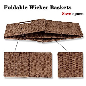 Vagusicc Wicker Baskets, Set of 2 Hand-Woven Paper Rope Foldable Cubby Storage Bins, Large Wicker Storage Basket for Shelves Pantry Organizing & Decor, Brown (11″×11″×11″)