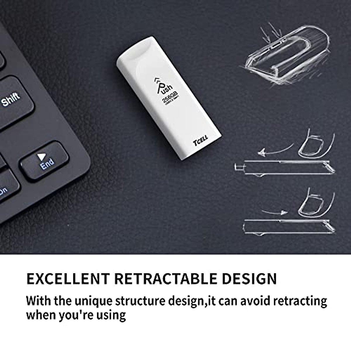 TCELL Push 128GB USB 3.2 Gen1(3.1/3.0) USB Flash Drive Read Speed up to 100MB/s, Retractable Design Memory Stick Thumb Drive, White