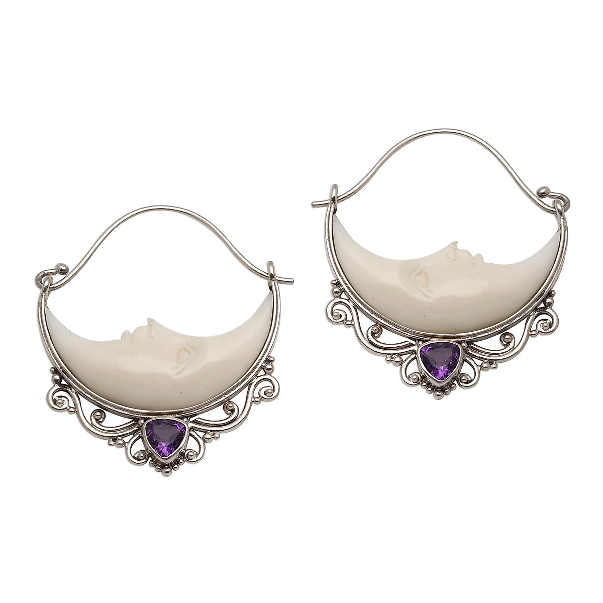 NOVICA Artisan Handmade Amethyst Hoop Earrings Crescent Moon from Bali Bone Sterling Silver Indonesia Birthstone Gemstone Sun [1.4 in L x 0.2 in W x 1.2 in D] ' Sleeping Moons'