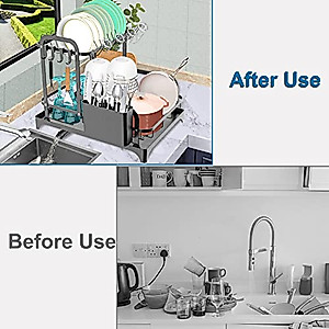 Dish Drying Rack Drainboard Set - with Swivel Spout, 2 Tier Large Capacity Rustproof Dish Rack with Cups Holder, Utensil Holder, Cutting Board Rack, 4 Hooks, Dish Drainer for Kitchen Counter