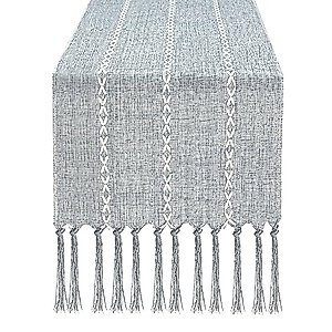 Fixwal 72 Inches Linen Table Runner, Rustic Tassel Embroidered Table Runner, Boho Farmhouse Style Braided Table Decoration for Wedding, Party, Picnic and Birthday (Dusty Blue)